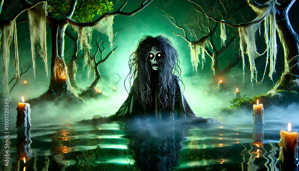 Creepy Swamp Ghost with Glowing Eyes in Foggy Forest Surrounded by ...