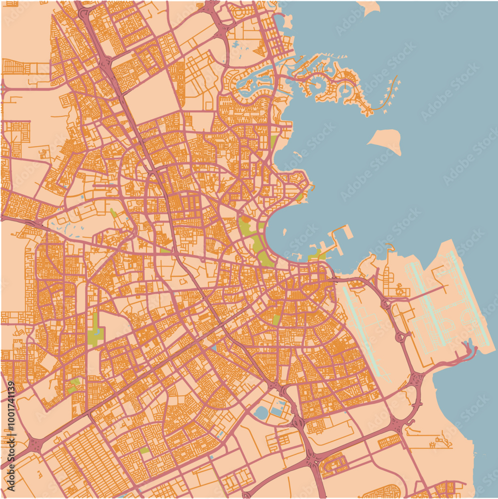Map of Doha in Qatar in a sandy theme. Contains layered vector with ...