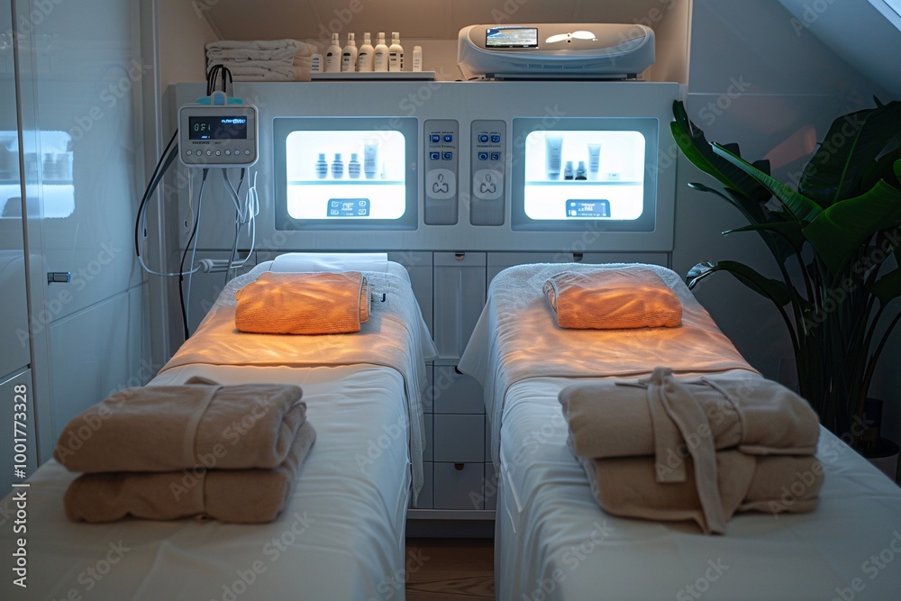 The serene spa room features two neatly made treatment beds with soft ...