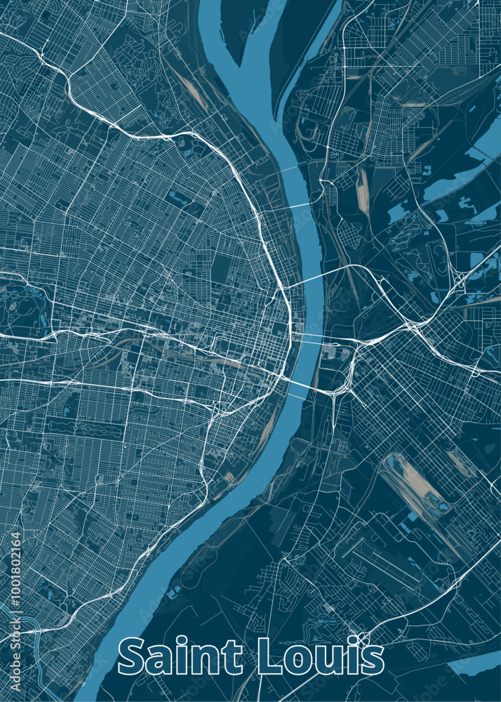 This is a detailed map of Saint Louis, Missouri, featuring a dark blue ...