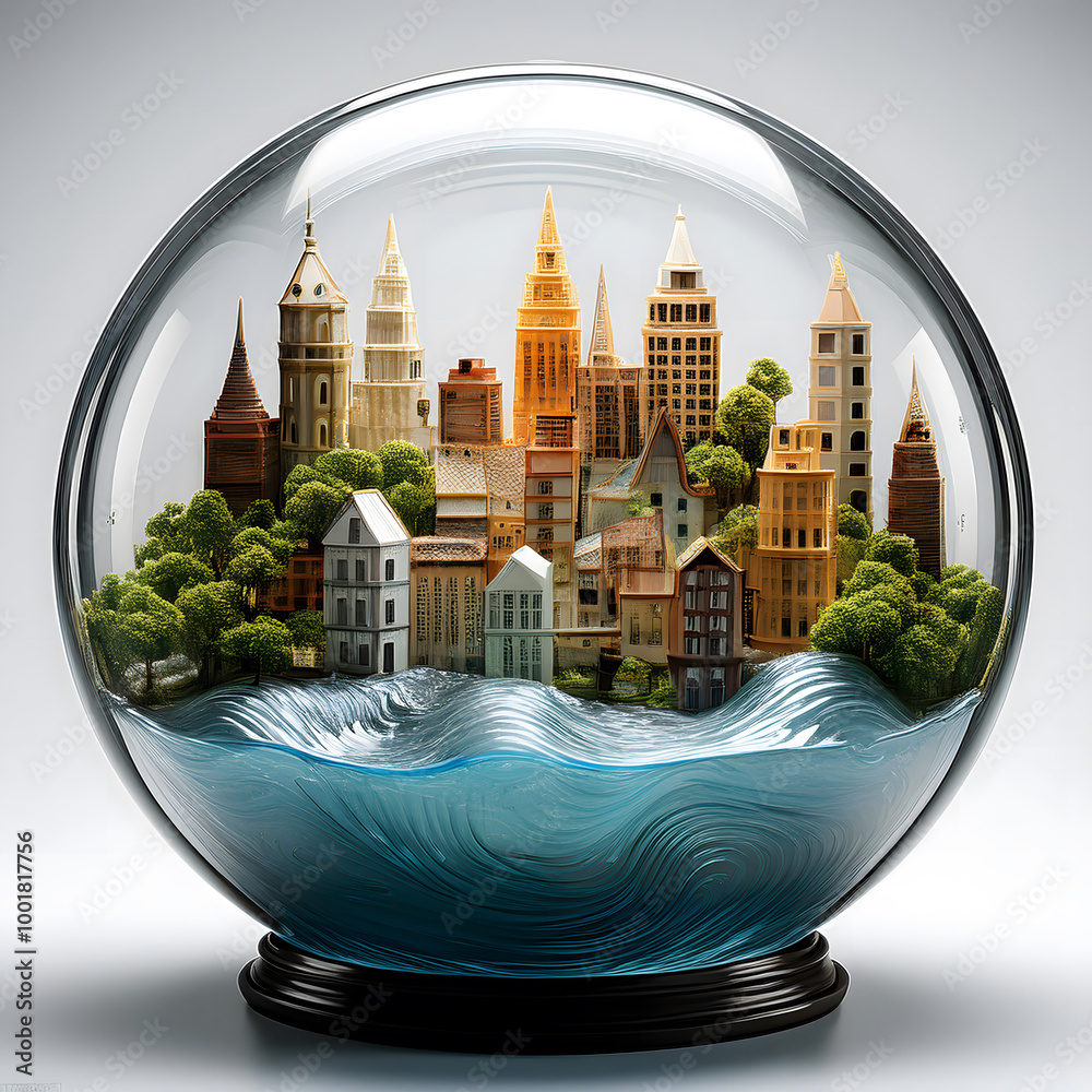 Crystal Ball Foreseeing the Future of Nature: City Flooded with Water ...