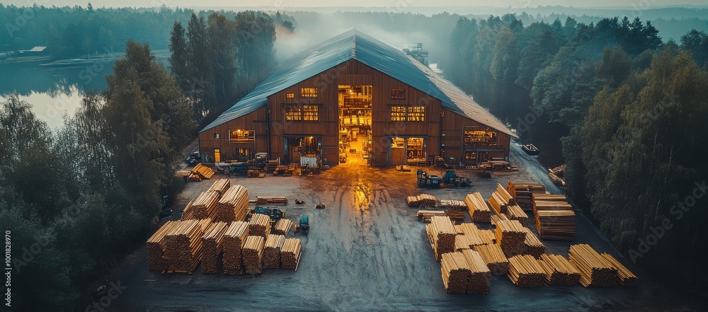 Aerial view of wood processing plant showing timber production and ...