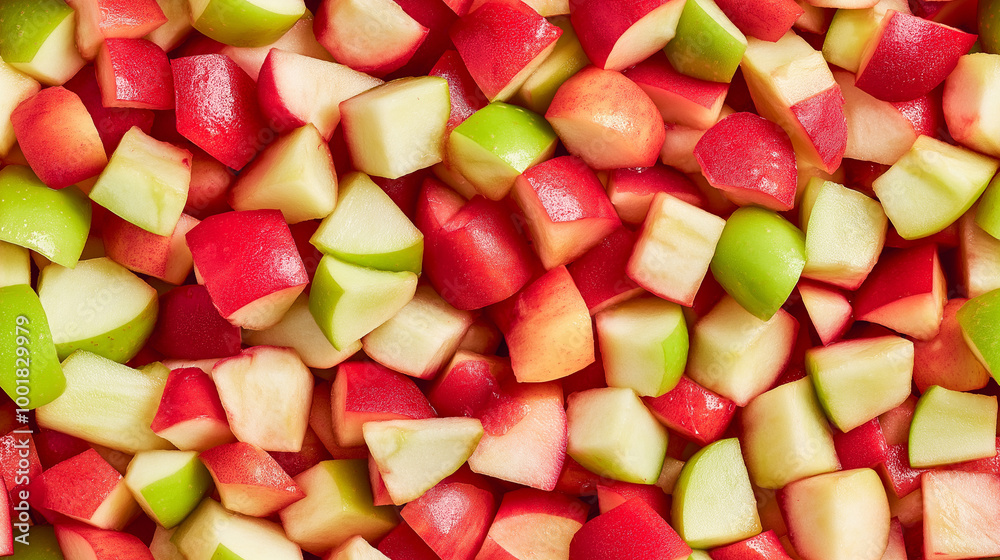 a close-up, top-down view, texture background of diced apples spread ...
