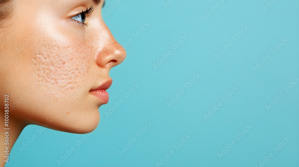 Female teen's side profile before treatment with severe acne, paired ...