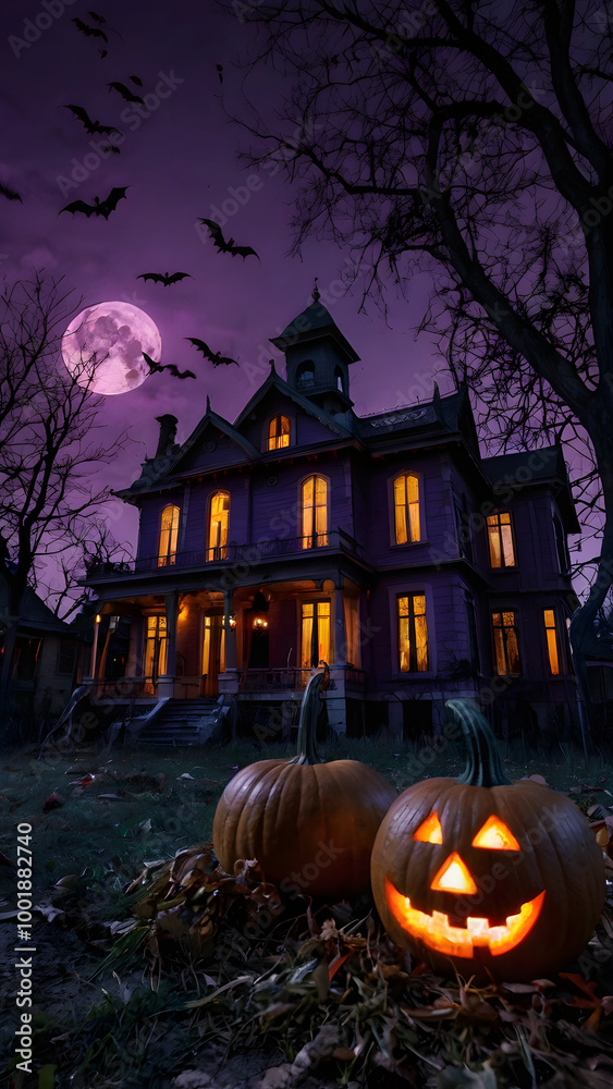 Spooky Halloween Scene with Creepy Pumpkins, Haunted Mansion, and Full ...