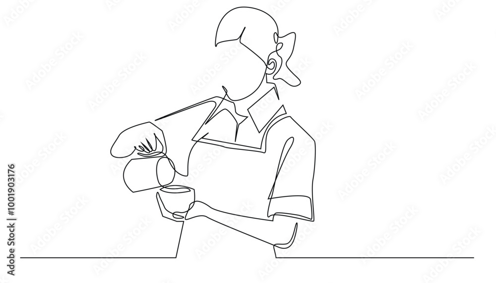 continuous line female barista.one line drawing of female barista ...