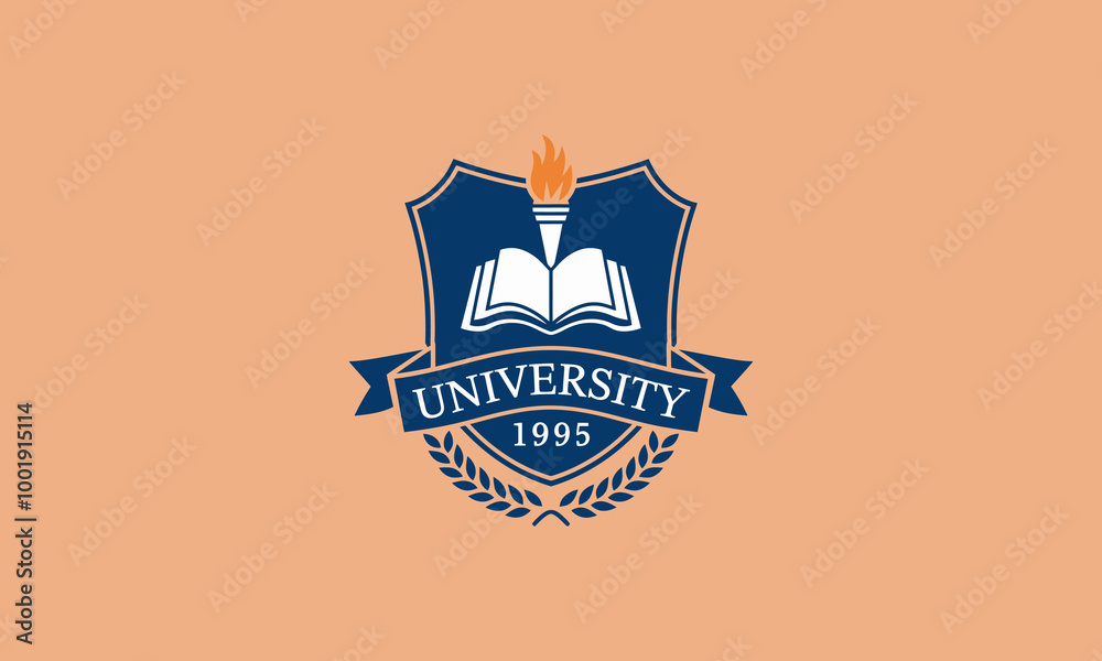 University emblem featuring an open book and torch. Stock Vector ...