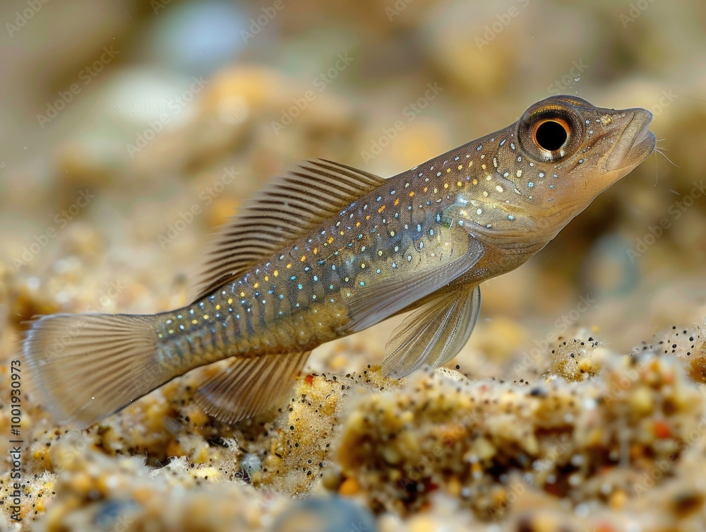 Mudskipper, small amphibious fish with spotted body, sitting on sandy ...