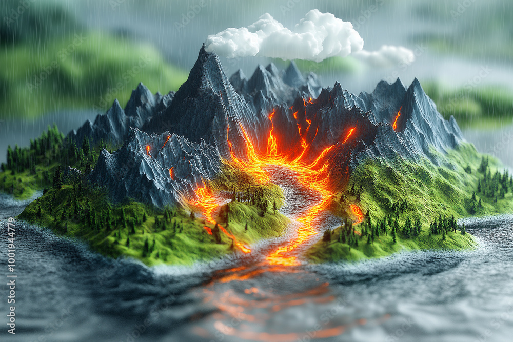 3D infographic illustration of a volcano erupting, showing the process ...