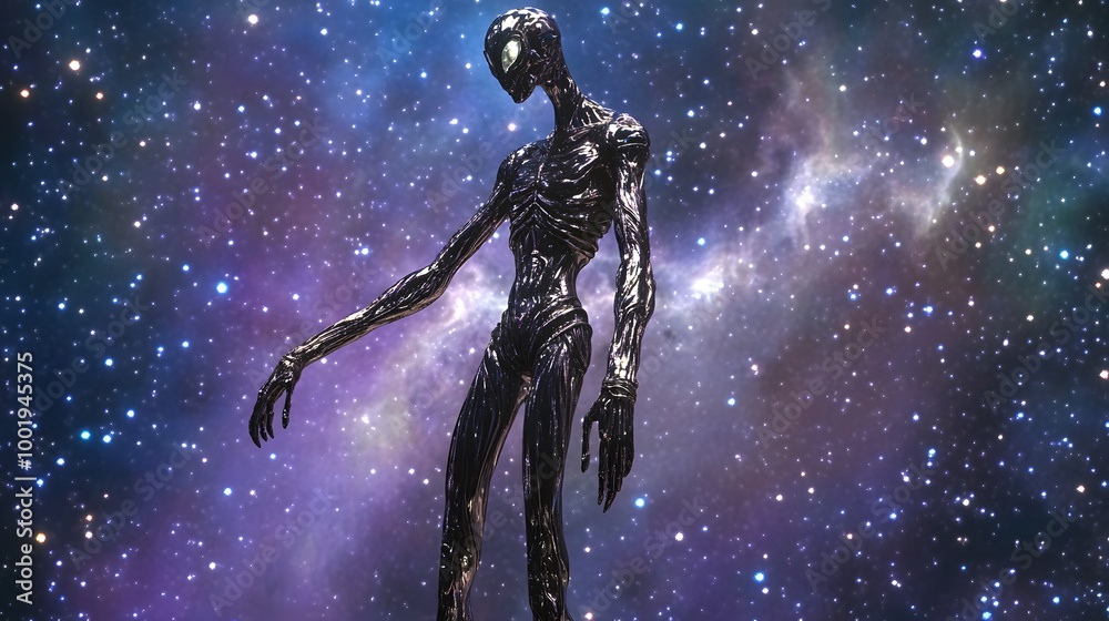 5. Humanoid alien figure with elongated limbs and silver skin standing ...