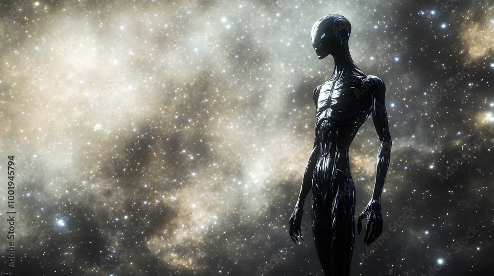 5. Humanoid alien figure with elongated limbs and silver skin standing ...