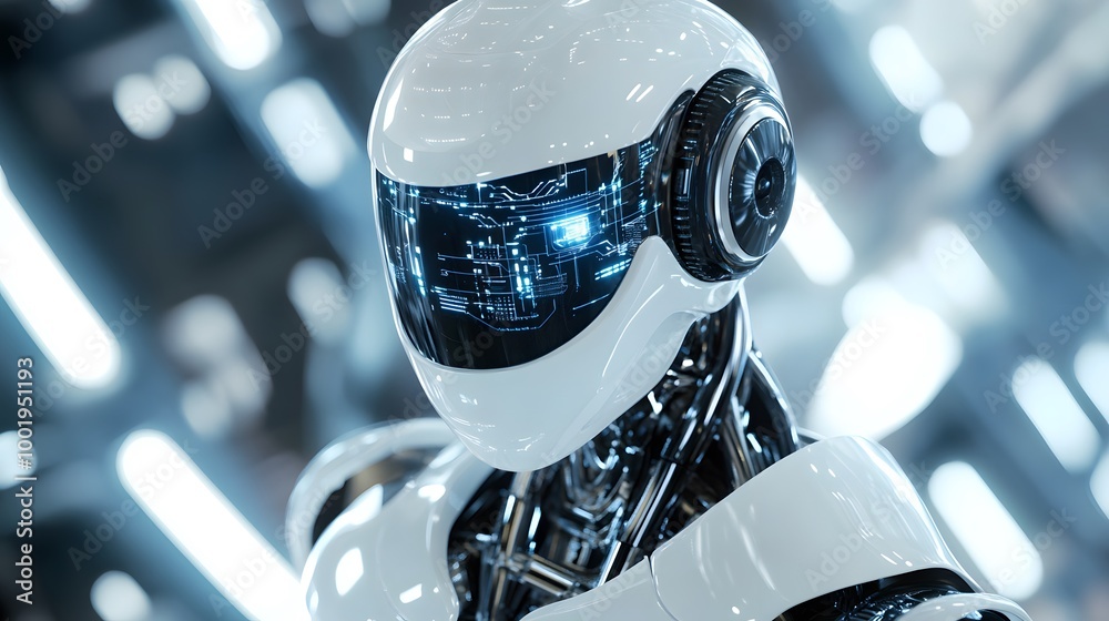 13. Futuristic robot with smooth chrome armor and glowing circuits in a ...