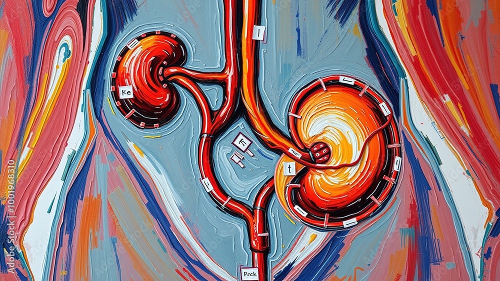 This illustration depicts a detailed diagram of the human urinary tract ...