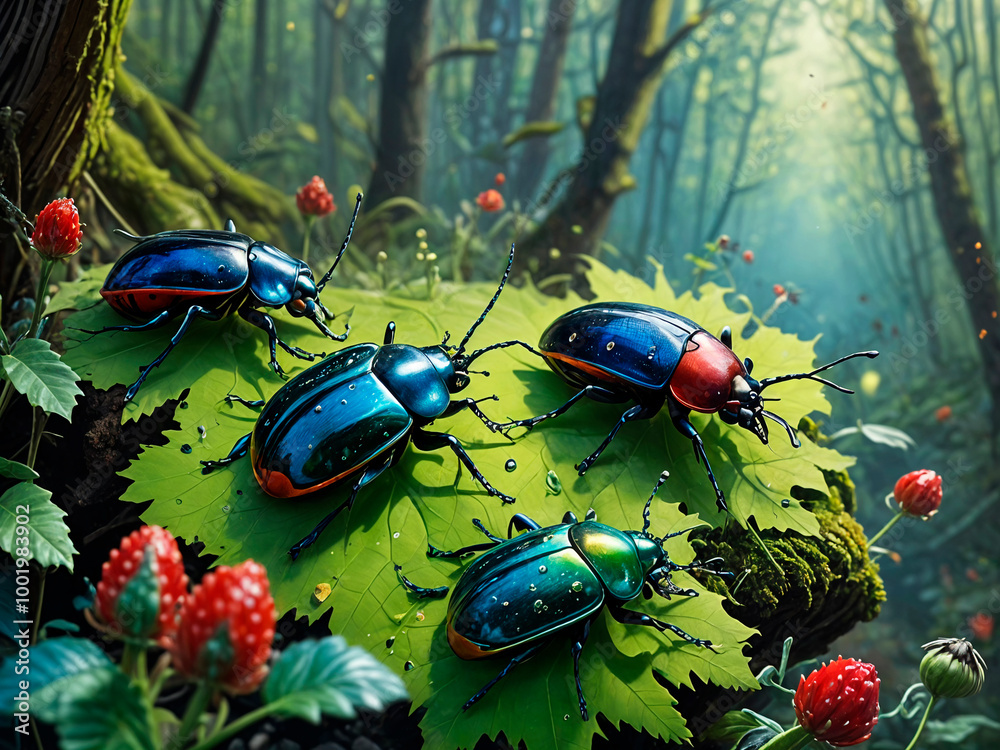 An oil painting of vibrantly detailed beetles in blue, red and green in ...