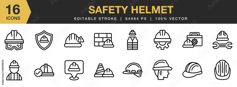 Vetor Safety Helmet icon set. Editable Stroke Icon Collection. Includes ...