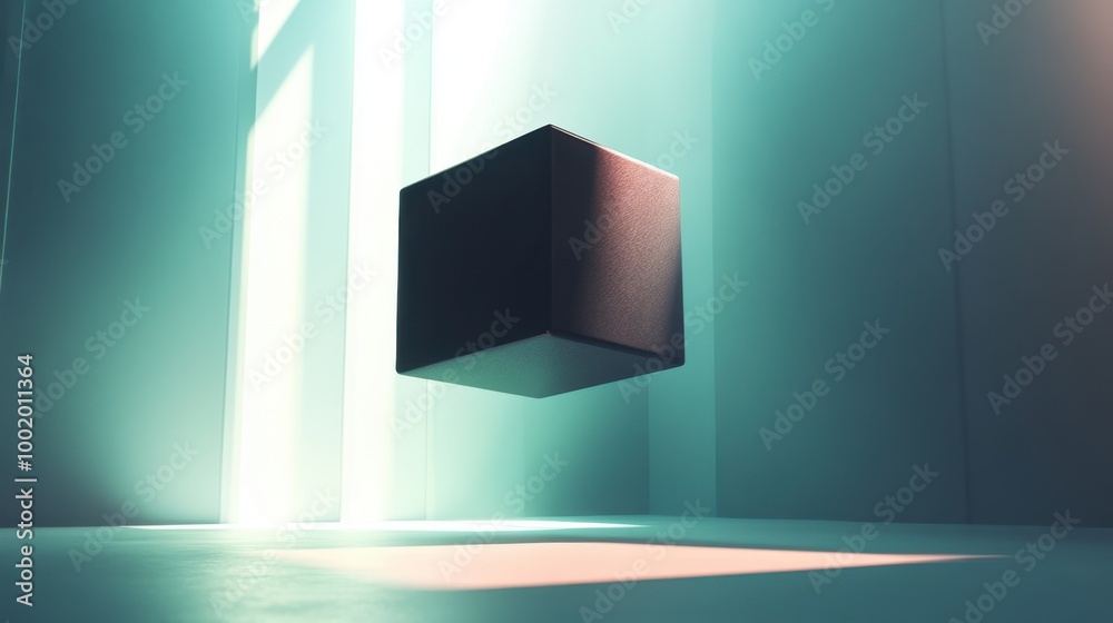 Abstract floating cube suspended in a futuristic environment with soft ...