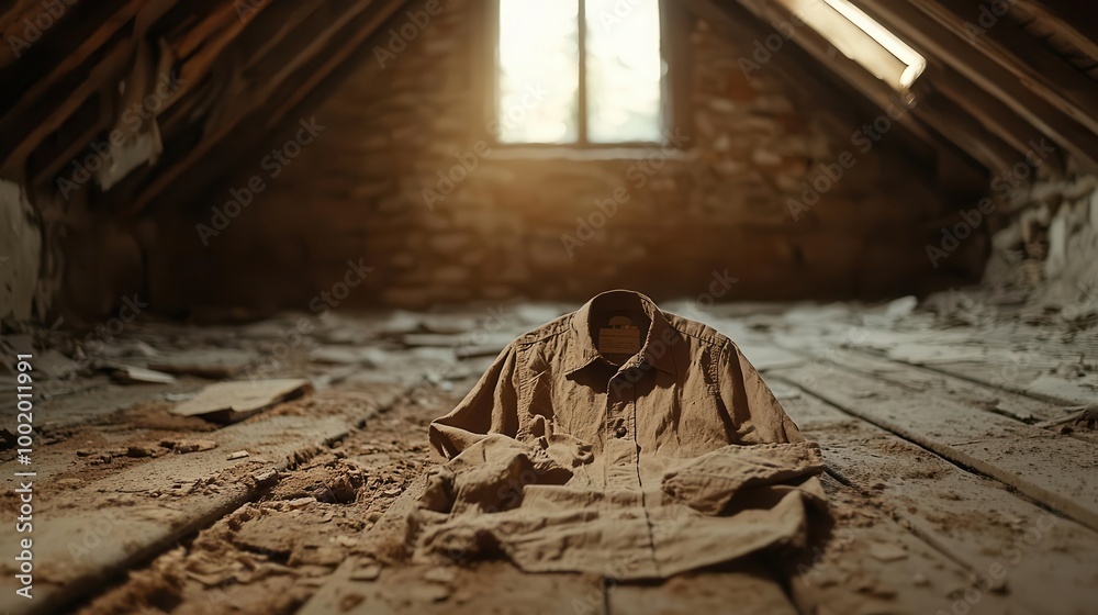 Musty dress shirt crumpled in the corner of a forgotten attic, faint ...
