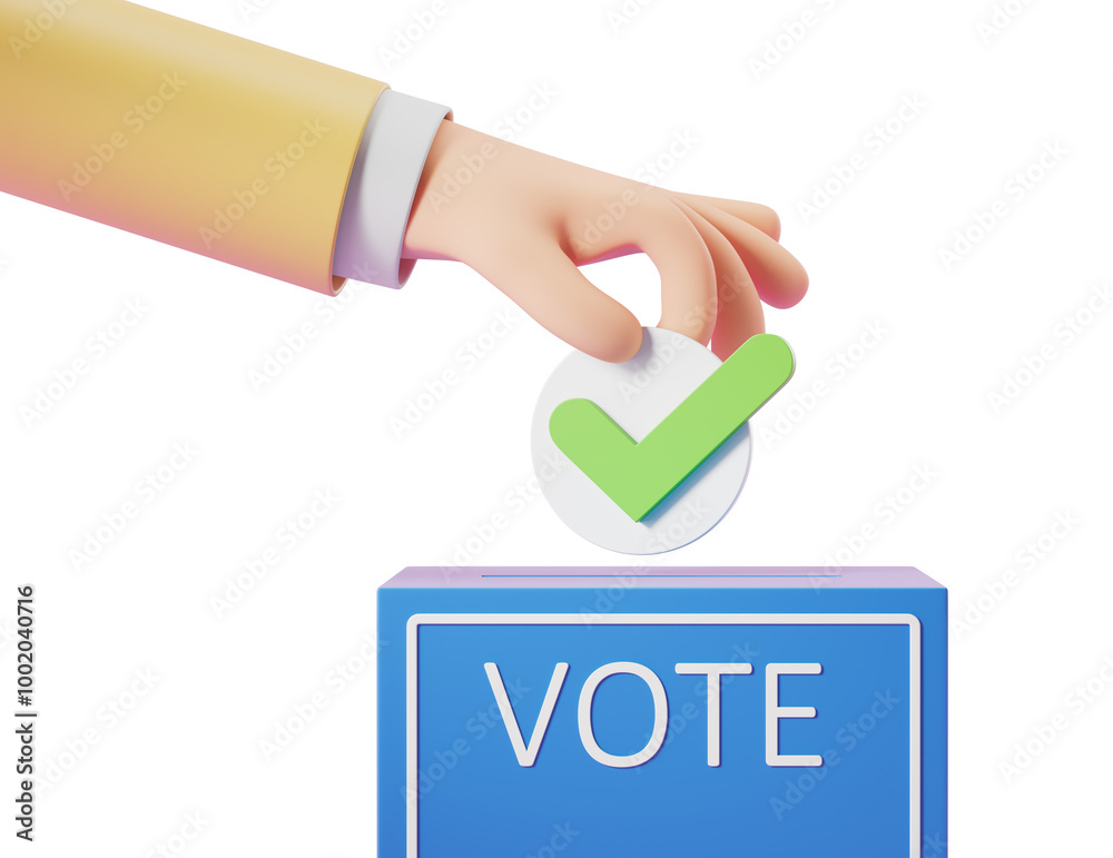 Hand placing a vote in a blue box with a green check mark on white ...