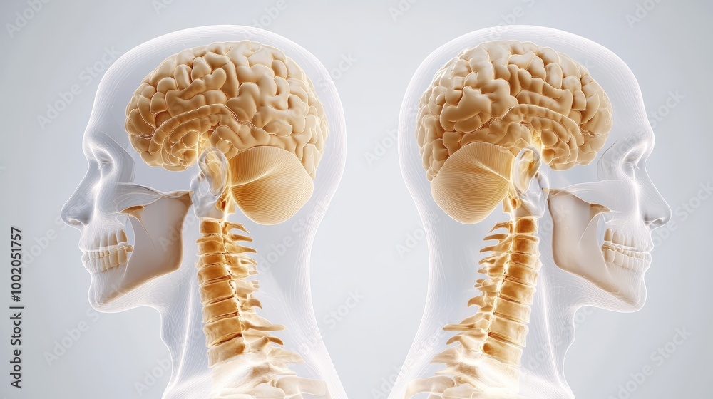 Anatomical illustration of human skull and brain, showcasing detailed ...