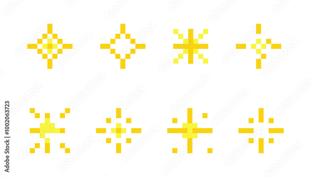 Pixel star retro 8 bit sparkle set. Shiny game pixel art effect set ...