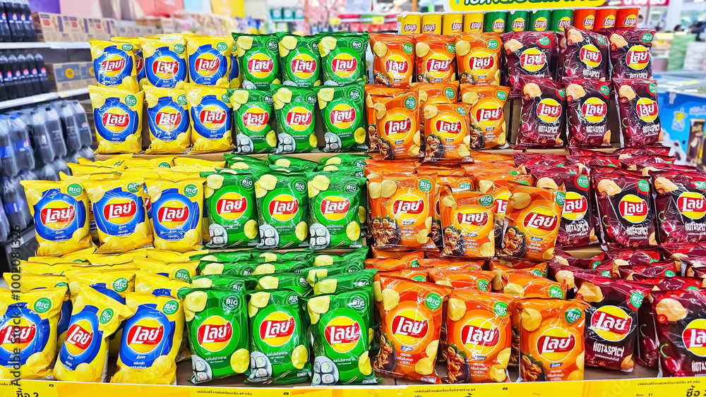 Various Potato Chip Flavours in Thailand on market shelves. Window ...