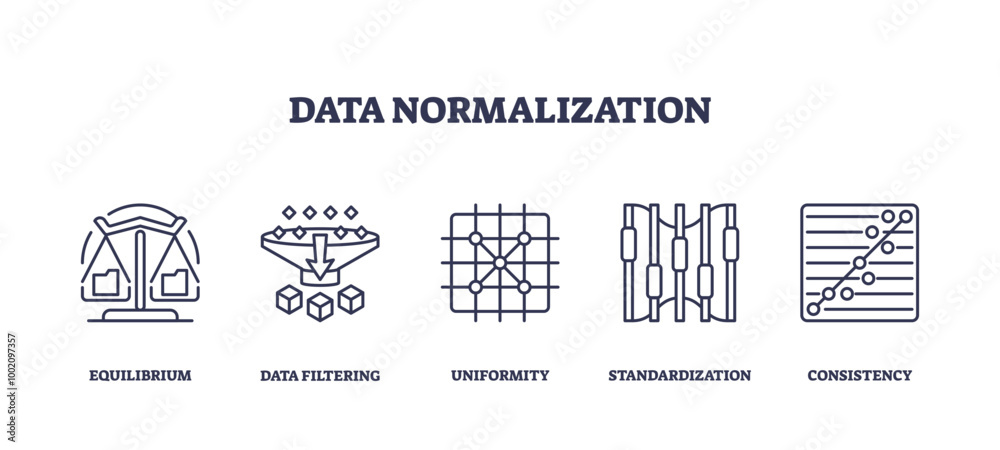 Outline icons set depicting data normalization concepts with ...