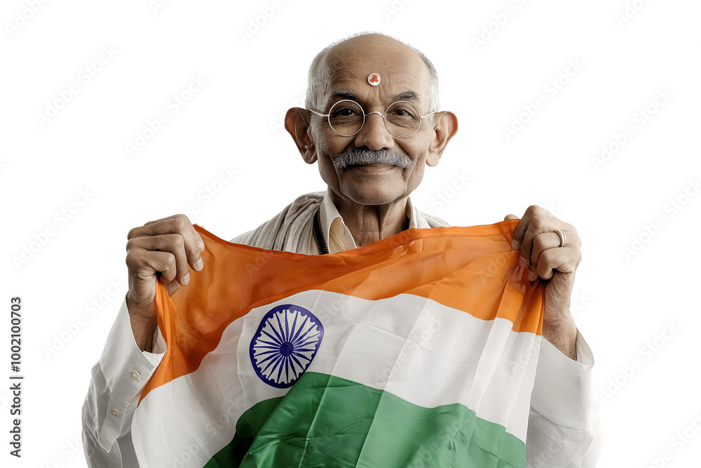 Mahatma Gandhi holding the Indian flag, isolated on transparent ...