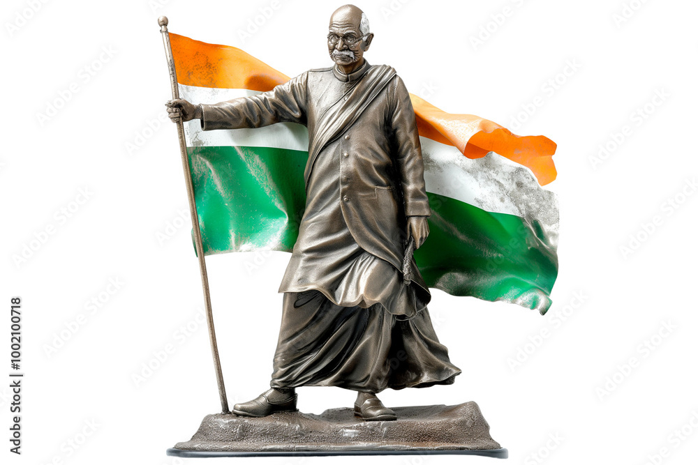 Mahatma Gandhi holding the Indian flag, isolated on transparent ...