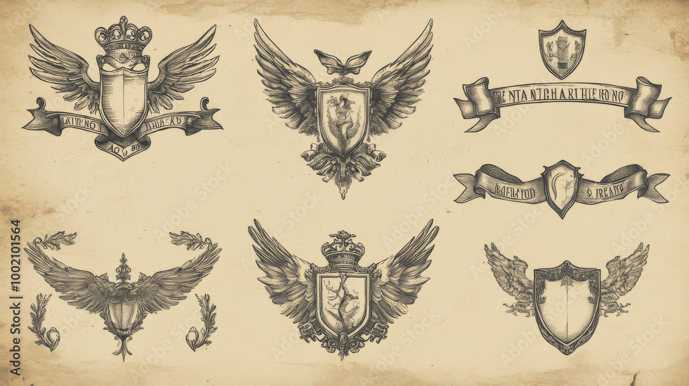 Vintage-style designs for national emblems, including banners, frames ...