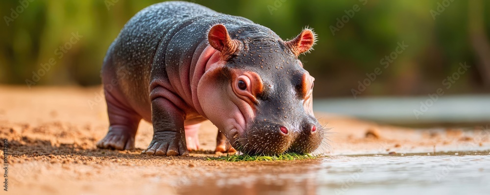 Wet baby hippo grazing along a riverbank, covered in droplets ...