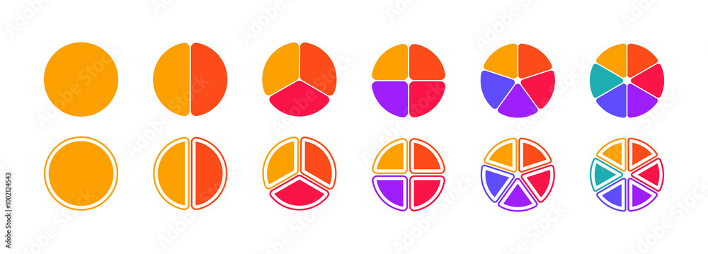 Circle division infographic icon set. Pie chart divided 2,3,4,5,6 equal ...