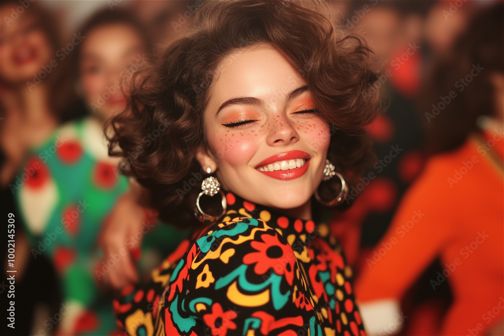 Beautiful fashion model smiling with eyes closed in a crowd of people ...