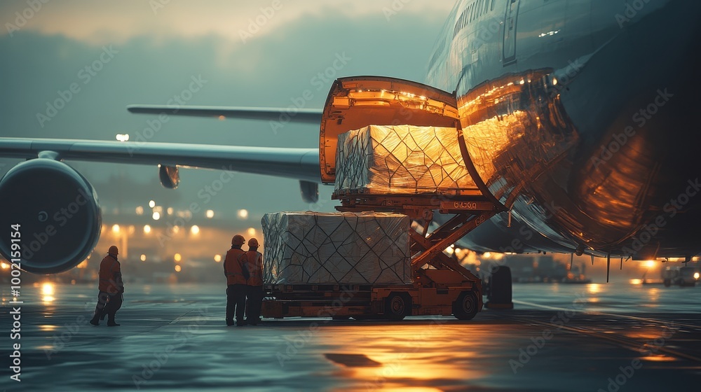 Freight loading operation at an airport during twilight, showcasing ...