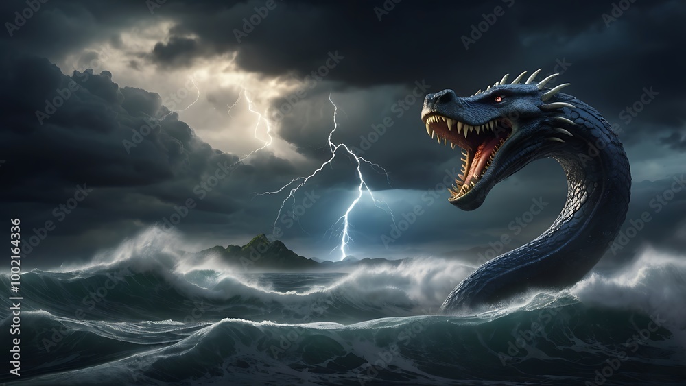 A massive sea serpent emerging from the stormy ocean waves, lightning ...