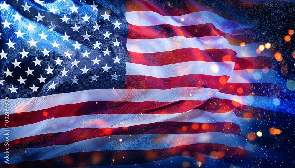 American flag is shown waving with digital effects including glowing ...