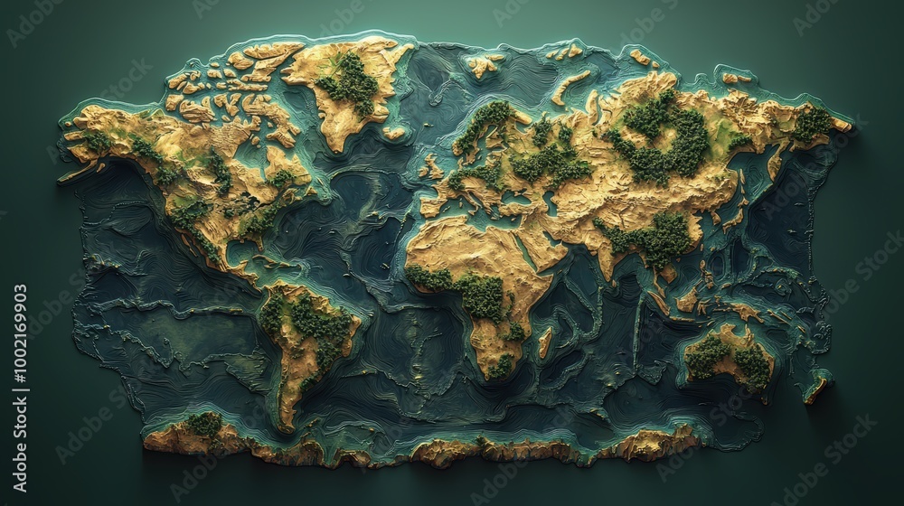 Global Environmental Issues - Detailed 3D World Map with Topographic Textures Depicting ...