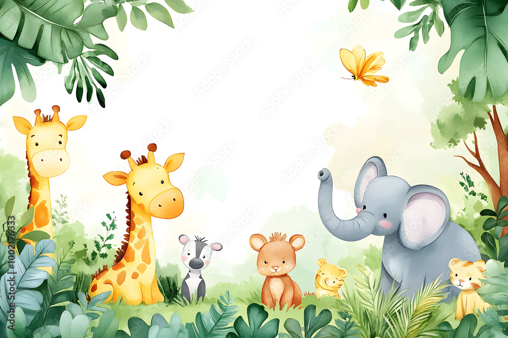 Cute cartoon safari zoo with animal frame border on background in ...
