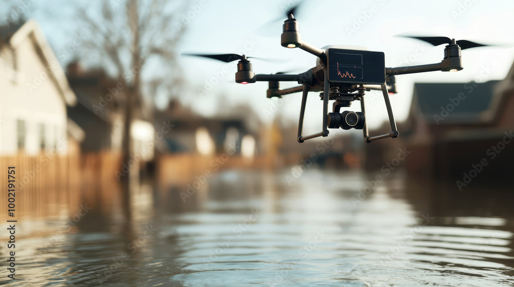 Drone flying over a flooded area, capturing images of submerged homes ...