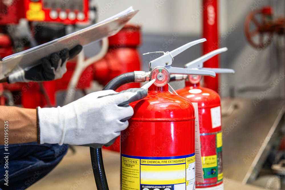 Engineer are checking and inspection a fire extinguishers tank in the ...
