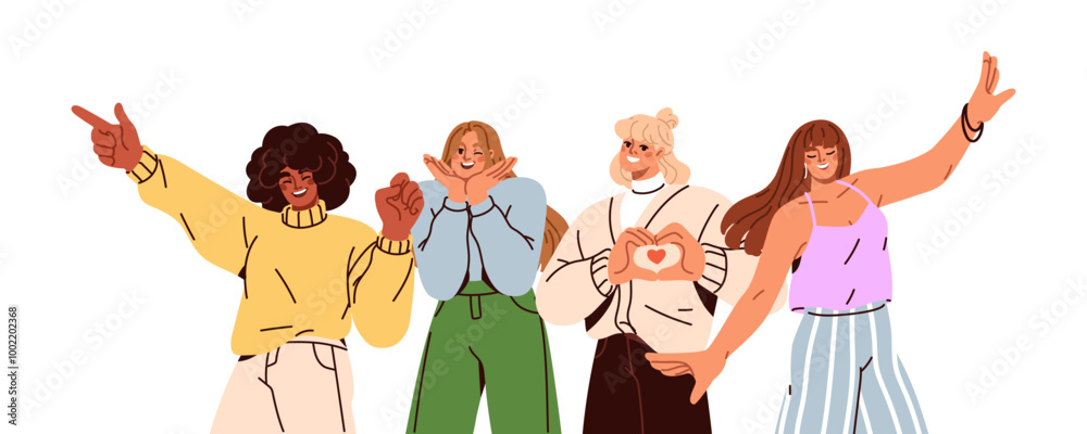 Happy young women group, posing together, smiling with joyful ...