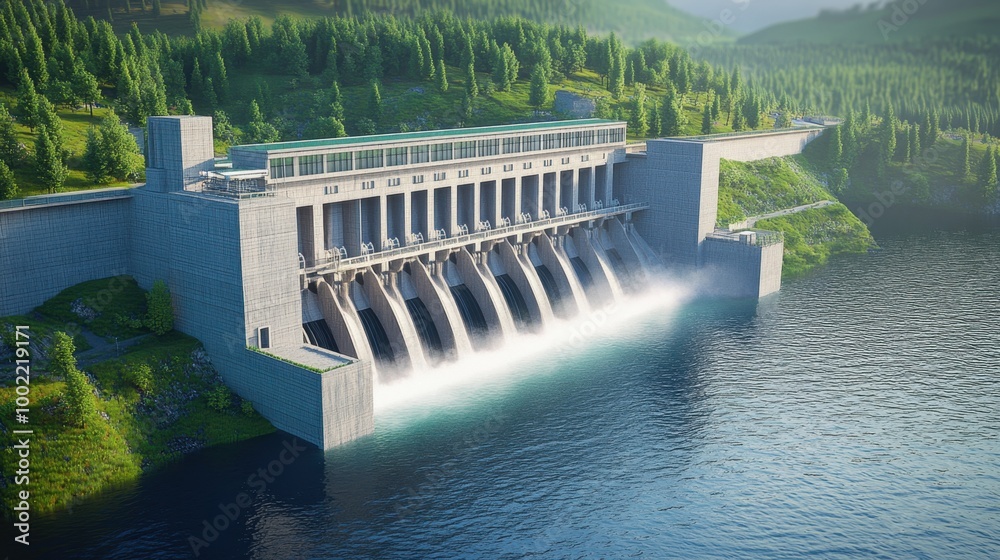 Hydropower station with turbines and dam infrastructure, harnessing ...