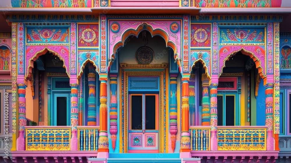 Lively and vibrant Indian Haveli exterior with colorful patterns and ...