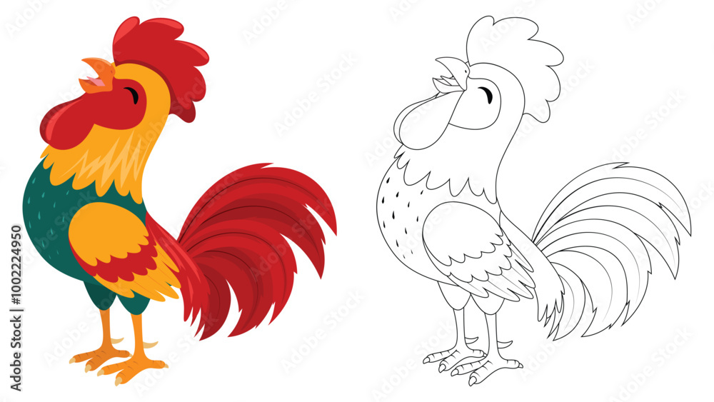 Cartoon cute rooster, coloring page for children drawing education ...