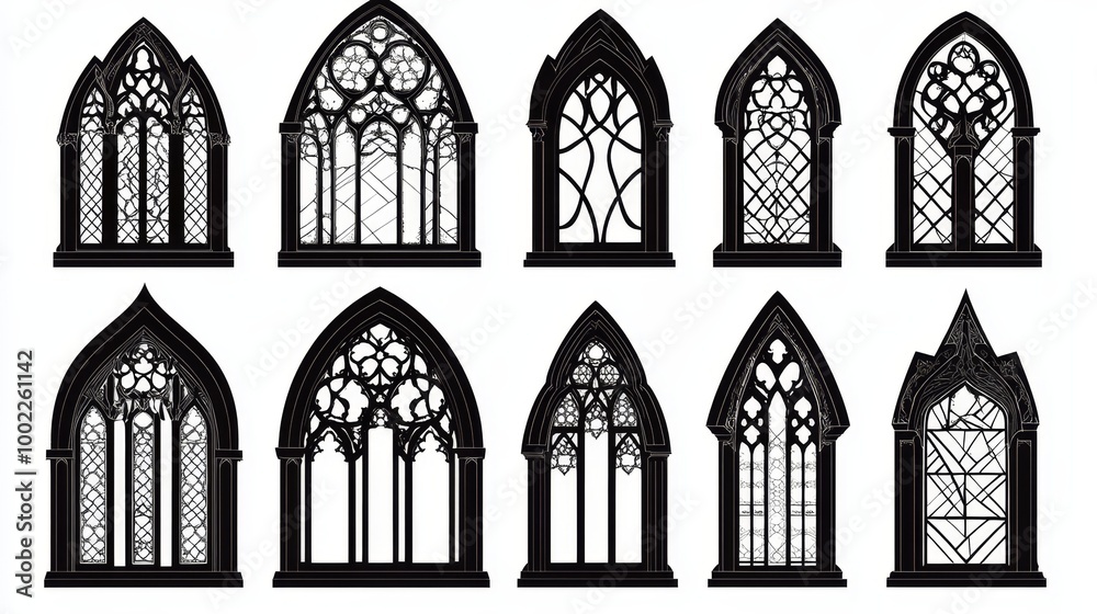 Gothic church windows and medieval arch vector silhouettes. Black ...