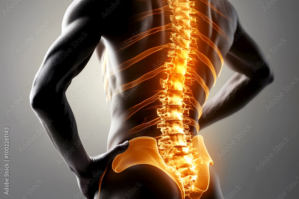 Anatomical visualization of sciatic pain highlighted along the spine ...