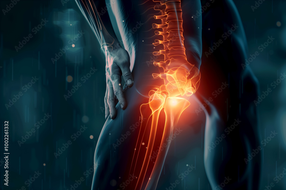 Hyper-realistic knee joint with inflammation effect. Intense red ...
