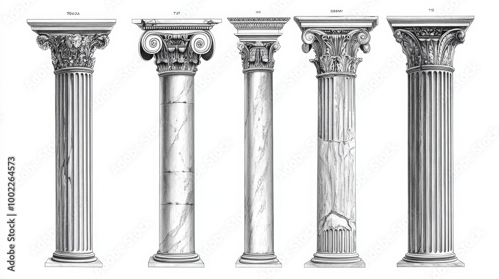 Four classical columns in ancient Greek and Roman architecture: Doric, Ionic, Corinthian, and ...