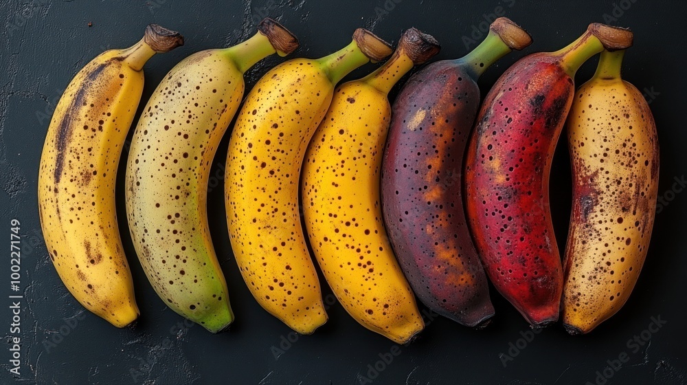 Six bananas in a row, showing different stages of ripeness from green ...