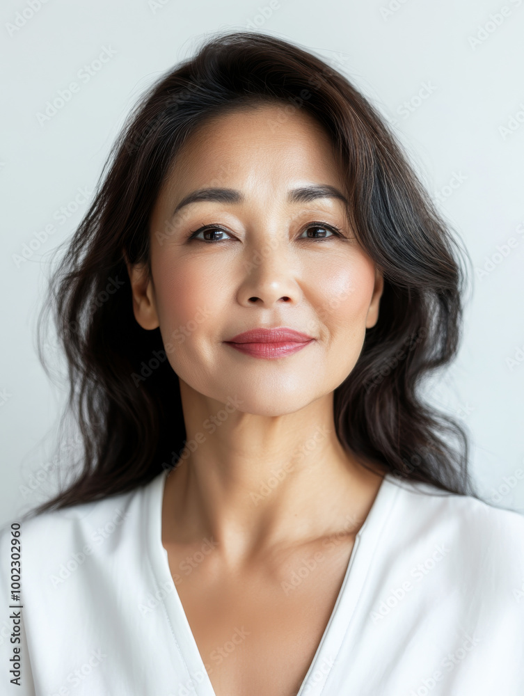 serene portrait of 50 year old Asian woman with gentle smile, lightly ...