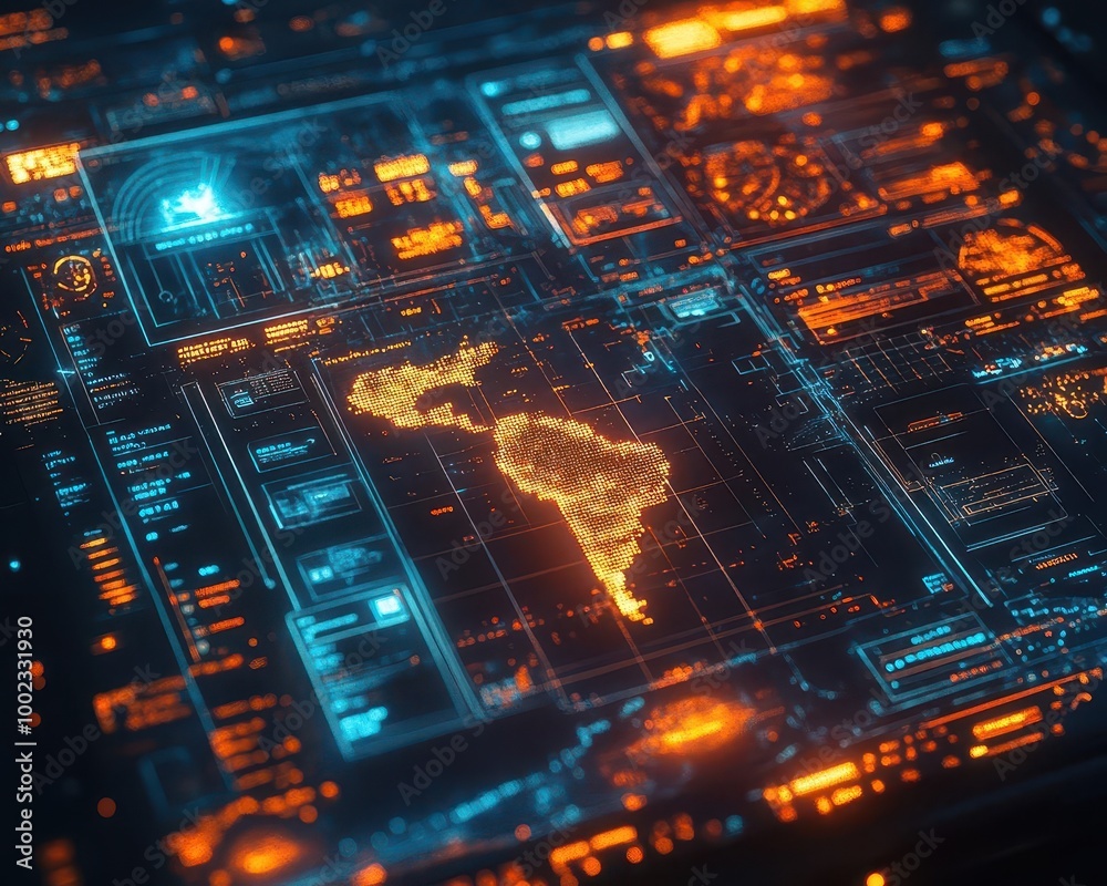 Travel itinerary projected on a holographic tablet, with glowing ...